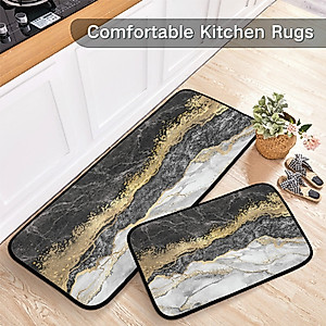 Kitchen Mats Rugs 2 Piece Set Bath Mat Antifatigue Cushioned Gold Black Marble for Floor Washable Non Slip
