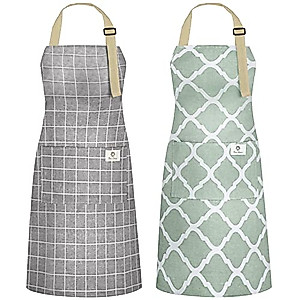 NLUS 2 Pieces Cotton Linen Waterproof Cooking Aprons, Kitchen Apron with Adjustable Neck Strap and Long Ties, Cooking Aprons with Pockets for Women/Men(Grey/Green)