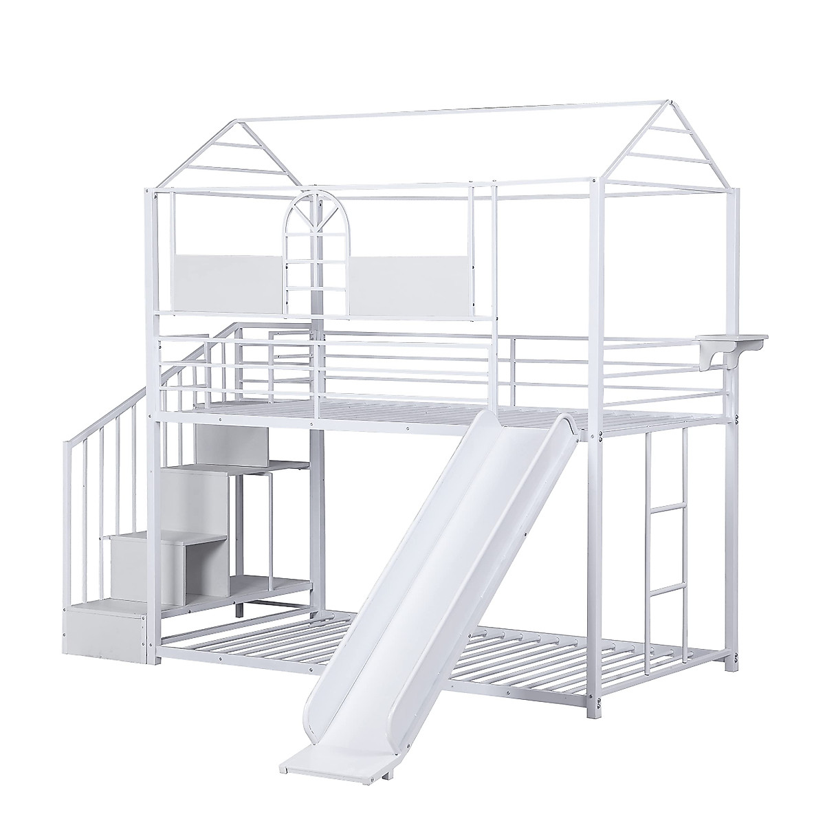 Bellemave House Bunk Bed with Slide and Stairs Twin Over Twin Floor Bunk Bed Frame Metal Playhouse Bunked with Storage Shelves for Kids Boys Girls Teens, White