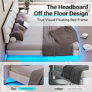 DICTAC Floating King Bed Frame with LED Lights and USB Ports Modern Upholstered Platform LED Bed Frame King Size with Headboard Faux Leather Low Profile Floating Bed Frame, No Box Spring Needed,White