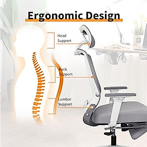 Foldable Ergonomic Office Chair, High Back Desk Chair with Footrest, Mesh Back Computer Chair with 2D Headrest, 2D Armrest, Adjustable Lumbar Support, Soft Sponge Seat, Swivel Task Chair, Gray