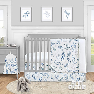 Sweet Jojo Designs Floral Leaf Baby Boy or Girl Nursery Crib Bedding Set - 4 Pieces - Blue Grey and White Boho Watercolor Botanical Flower Woodland Tropical Garden