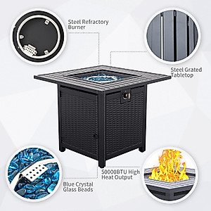 Patio Furniture Sectional Sofa 5-Piece 50000 BTU Propane Gas Fire Pit Outdoor Wicker Furniture Set Square Steel Pit Table Grille Tabletop with No-Slip Cushions Furniture Covers, Light Grey