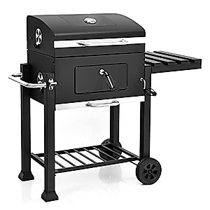Giantex 24 inch Charcoal Grill with Folding Side Table, Large Grilling Area, Built-in Thermometer, Draw-out Ash Tray, BBQ Grill Outdoor Smoker with Wheels for Picnic Camping Patio Backyard Cooking