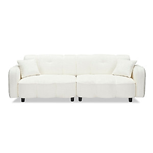 Elevon 96 Inch Modern Sofa Couch, Comfy Cloud Couch Loveseat Sofa Teddy Velvet Upholstered, 3 Seater Cozy Deep Seat with 2 Pillows for Living Room Bedroom Apartment Office, White
