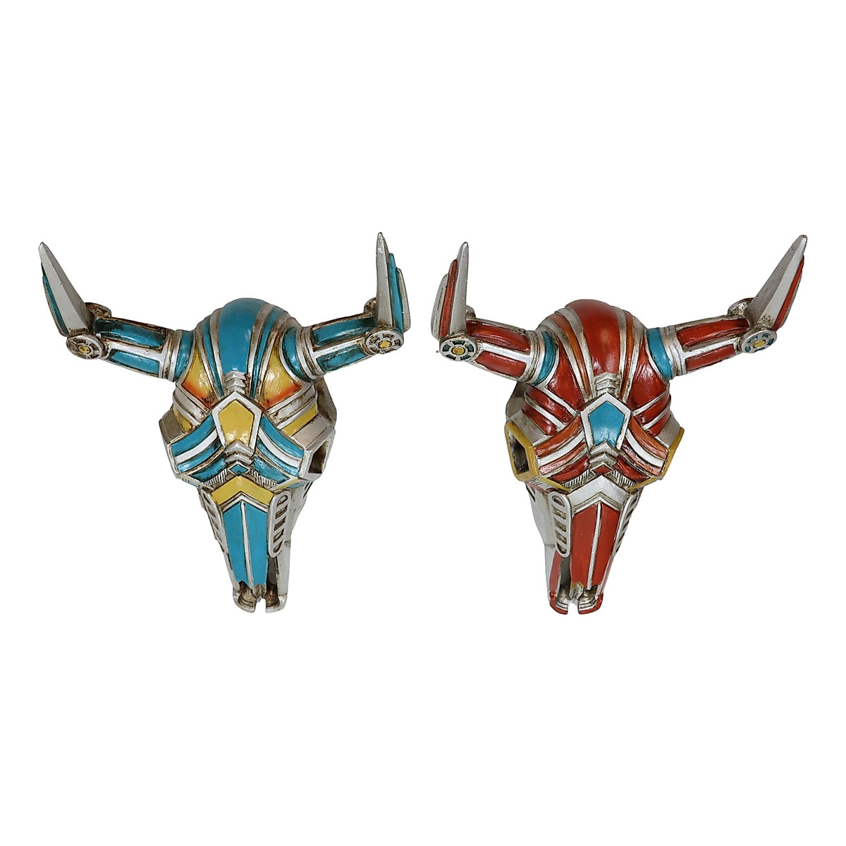 Ebros Gift Set of 2 Red and Blue Western Robotic Cyborg Horned Cow Skull 10" H Wall Decor Sculptures Wildlife Bisons Bulls Spirit Totem Accent Sculpture