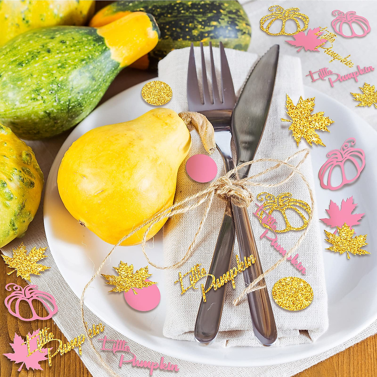 400 Pieces Fall Little Pumpkin Maple Leaf Confetti Pink and Gold Pumpkin Baby Shower Decorations Glitter Thanksgiving Table Confetti for Baby Girl Birthday Party Supplies (Vivid Style)