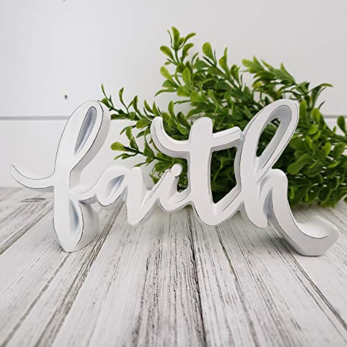 Birch & Bliss – Faith – Small Distressed White Tabletop Script Word Decor (6.75in x 3in) Modern Farmhouse Resin Standing Words - Inspirational Gifts | Spring - Wedding Decor