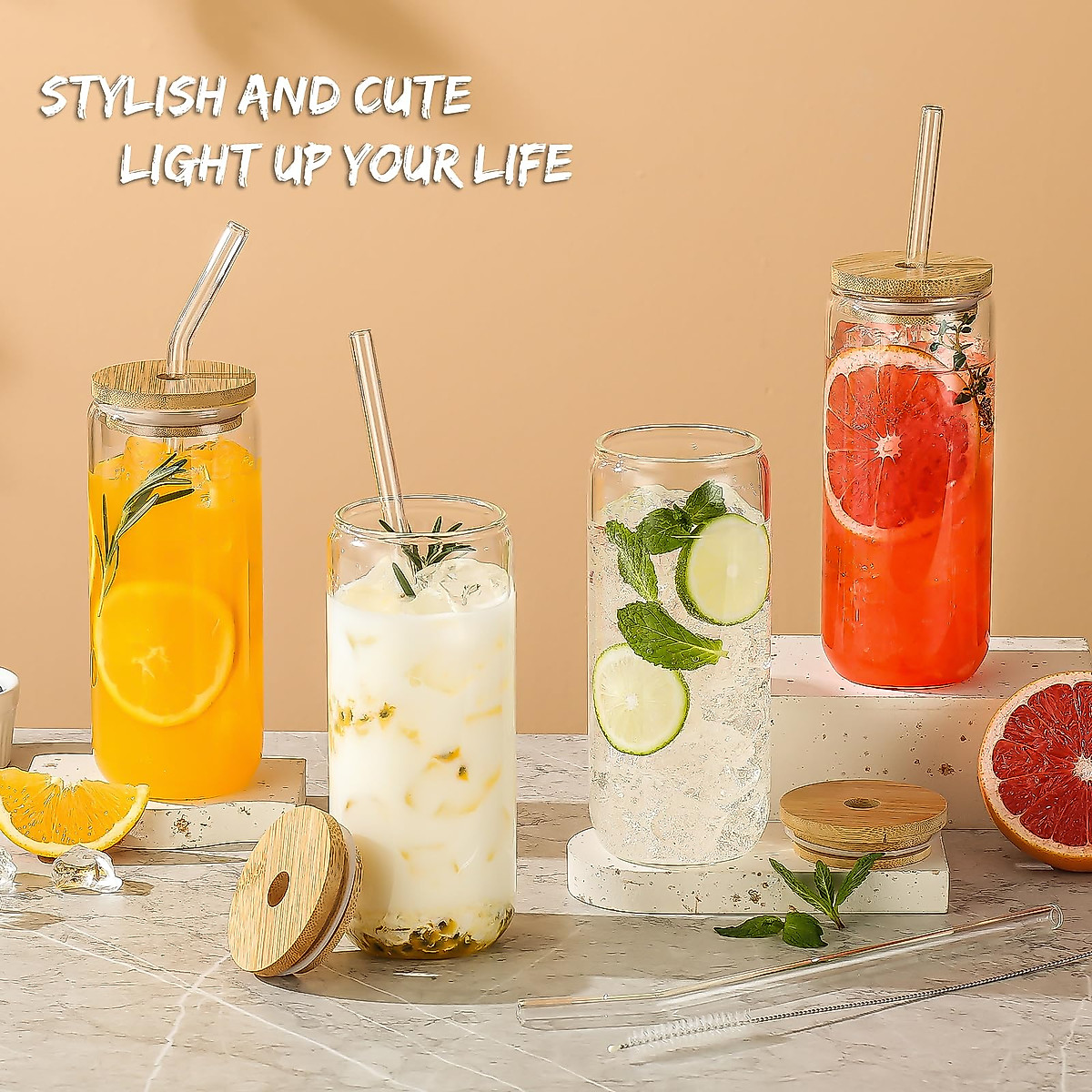 SENTVEND 20 Oz Drinking Glasses with Bamboo Lids and Glass Straw - 8 Pcs Can Shaped Glass Cups Beer & Ice Coffee Glasses Cute Tumbler Cup Great for Soda Boba Tea Cocktail Include 2 Cleaning Brushes