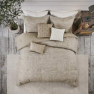 Madison Park Walter Comforter-Luxe Seersucker Print Design All Season Down Alternative Bedding, Matching Shams, Bedskirt, Decorative Pillows, Queen (90 in x 90 in), Taupe