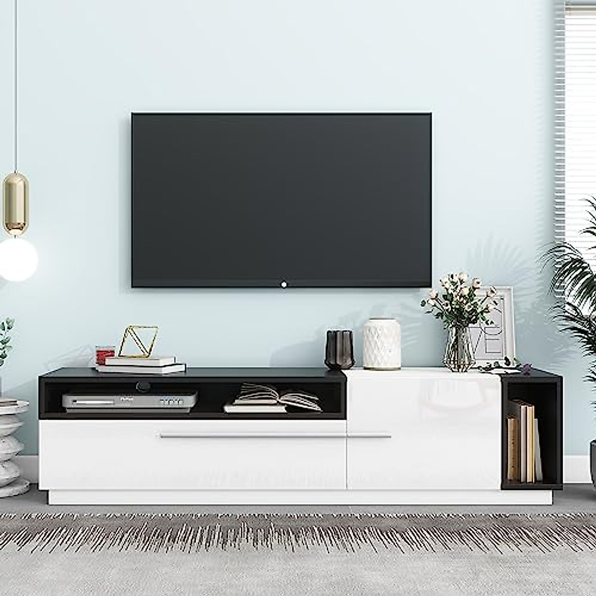 Polibi Modern TV Stand with Wooden Shelves and Silver Handle, High Gloss Media Console Table with Large Drawer and Storage Cabinet, Living Room Entertainment Center for TVs up to 70", White