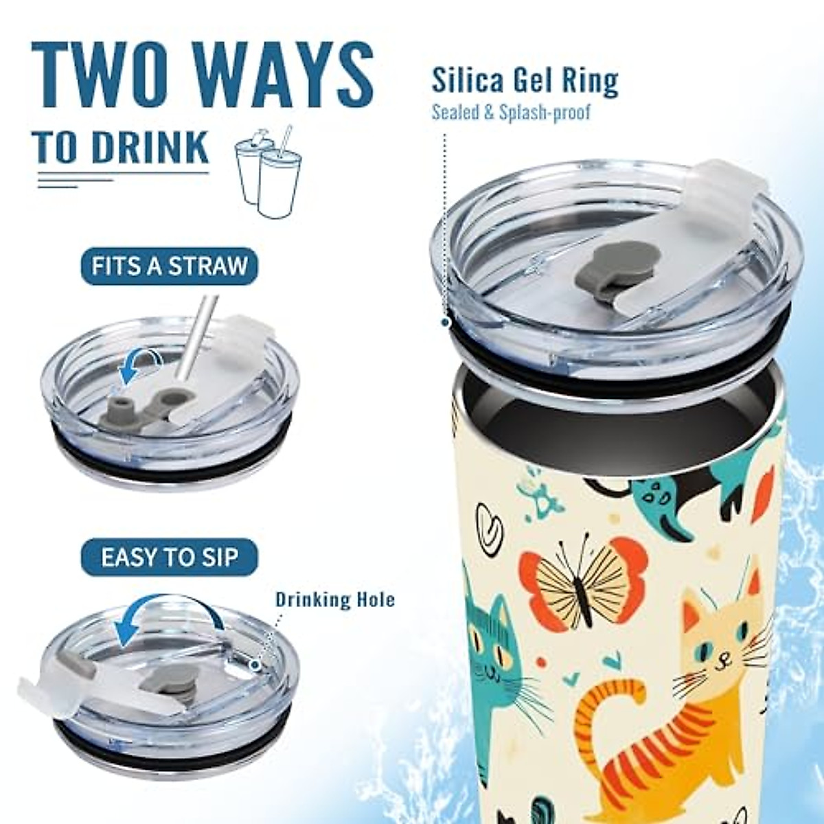 QWEUIOP 20oz Insulated Travel Coffee Mug Cute Cartoon Cats Stainless Steel Tumbler with Lid Double Wall Vacuum Coffee Cup For Hot and Cold Drinks14081