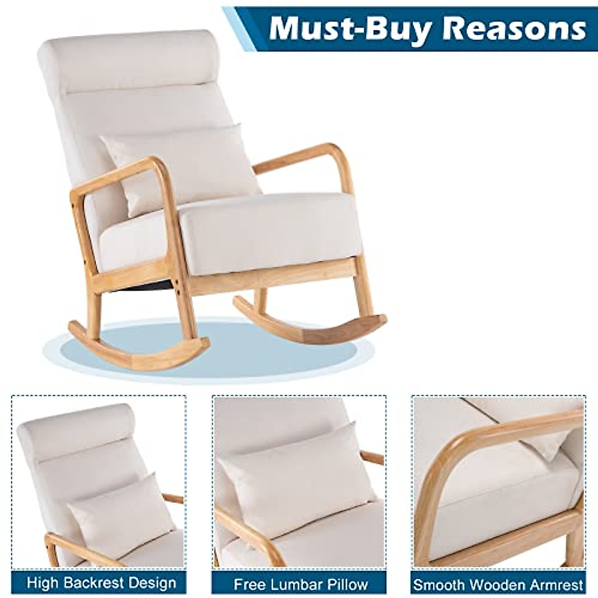 VINGLI Rocking Chair Nursery, 25.2" High Backrest Mid-Century Rocking Chair with Wooden Armrest Upholstered Glider Rocker with Free Lumbar Pillow for Living Room (Beige)