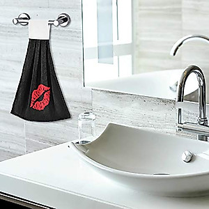 YYZZH Red Lip On Black Kitchen Hand Towels with Hook & Loop Set of 2 Absorbent Bath Hand Towel Hanging Tie Towel