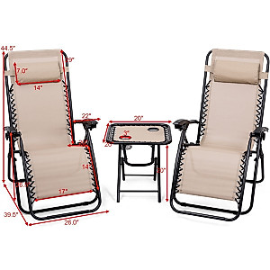Giantex 3 PCS Zero Gravity Chair Patio Chaise Lounge Chairs Outdoor Yard Pool Recliner Folding Lounge Table Chair Set Backyard Lounge Chairs (Beige)