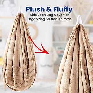 Cheer Collection Stuffed Animal Storage Bean Bag, Kids Toy Storage Organizer and Bean Bag Chair with Handle, Oversized Faux Fur Zippered Bag for Organizing Stuffed Animals, Machine Washable - Taupe