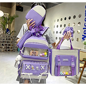 DUOBAOYU 5PCS Kawaii Backpack Set with Cute Pendants and Pins Accessories Aesthetic Rucksack for Teen Girls 17in Cute School Bags Bookbag with Shoulder Bag,Pencil Box,Tote Bag,Small Bag,Purple