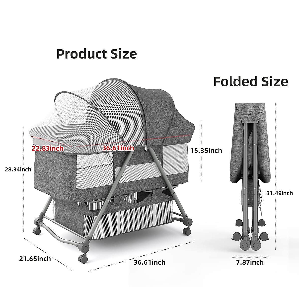 67i Baby Bassinet Portable Folding Rocking Bedside Bassinet Crib for Baby Cosleeper Bassinets Bedside Sleeper on Wheels with Mosquito Nets Newborn Infant Toddler Bassinet with Storage Basket (Grey)