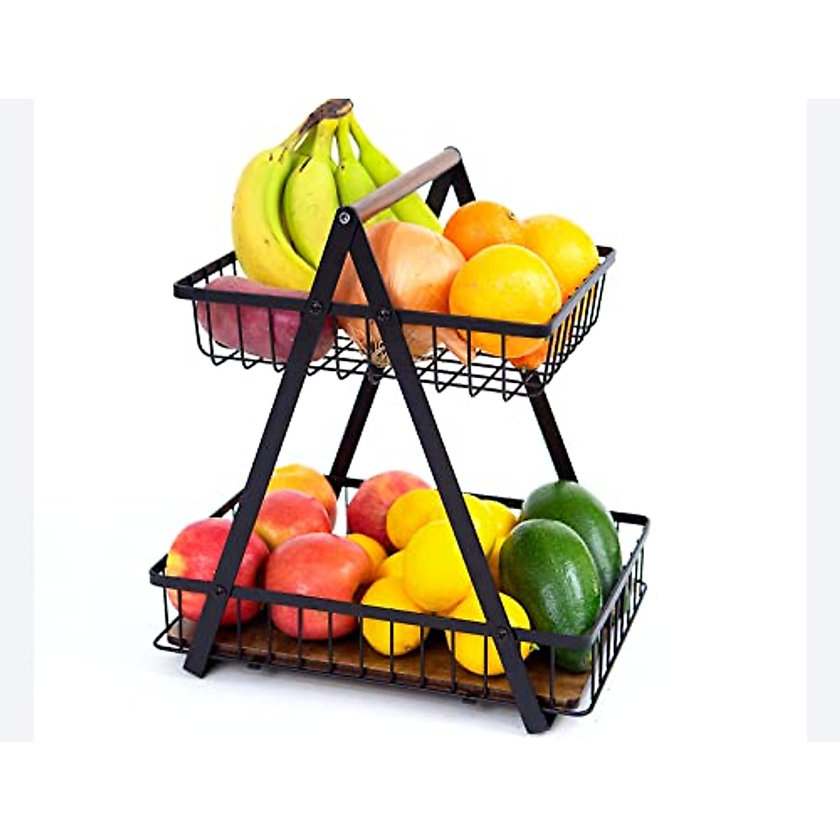 Emerson Ergonomics 2-Tier Large Fruit Basket || Wood Metal Bread Basket || Kitchen Countertop Fruit Bowl