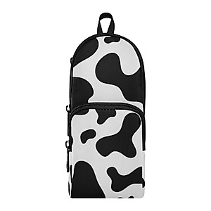 Black Cow Skin Pencil Case Big Capacity Pen Bag with Compartment Students Schoolbag Shape Stationery Organizer Pencil Pouch Marker Case for School Office Work