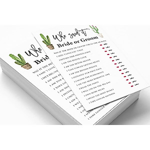 Inkdotpot Cactus Taco'bout Love 50-Pack He Said She Said Cards for Couples Funny Rehearsal Dinner Who Said it Question Bridal Shower Engagement Party Game Ideas