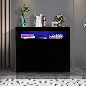 Goujxcy LED Kitchen Sideboard Storage Buffet Cabinet High Gloss for Living Room, Modern Wooden Unit Cupboard TV Stand with 2 Doors for Hallway Dining Room (Black6)
