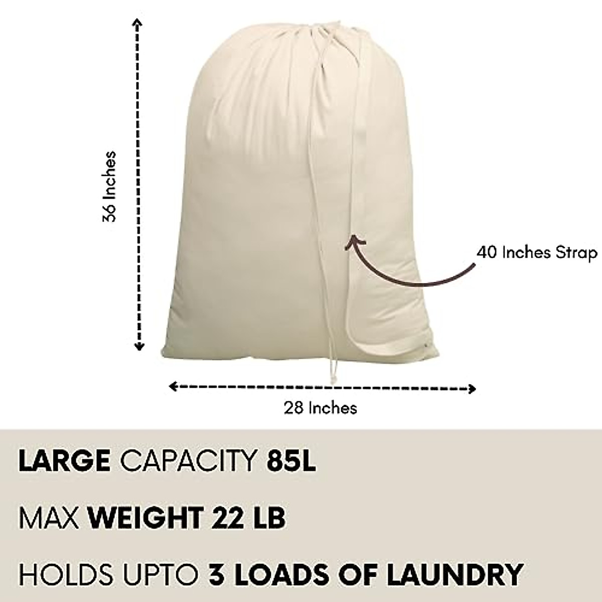 Laundry Bag | Travel Laundry Bag for Dirty Clothes |Canvas Cotton Long Strap to Carry |Hamper Liner Bag | Drawstring Closure Washable Home Storage College Dorm| 2 Pack 28x36 Inch Natural