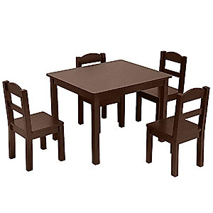 Ochine Kids Table and Chair Set 4 Chairs and 1 Activity Desk Natural Wood Children Table 5 Piece Set Wooden Playroom Furniture Picnic Table Dining Table Set Toddlers Gift for 3-8 Ages
