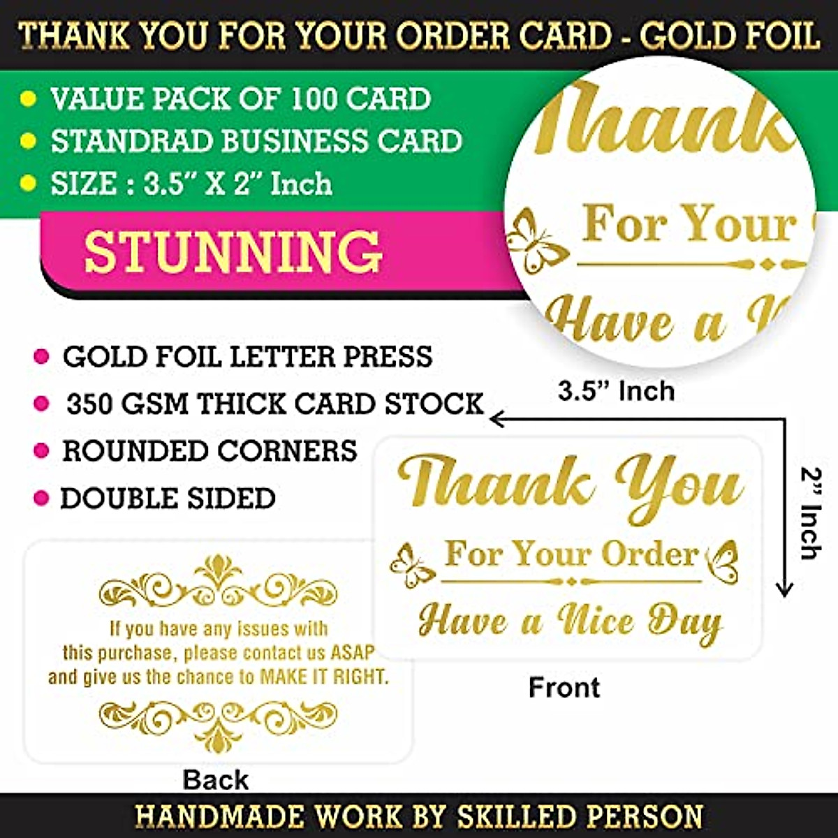 PARTH iMPEX Thank You for Your Order Cards - (Pack of 100) 3.5" x 2" Gold Foil Purchase Inserts Supporting My Small Business Greeting Card Appreciation for Customer Shopping Handmade Goods