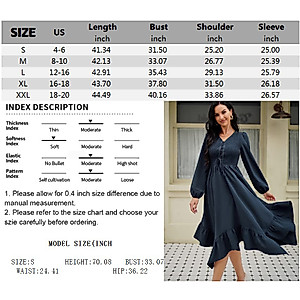 ZAFUL Women's Deep V Neck Smocked Flutter Hem Drawstring Tie Front Long Sleeve Flowy Midi A-Line Dress with Pockets Black