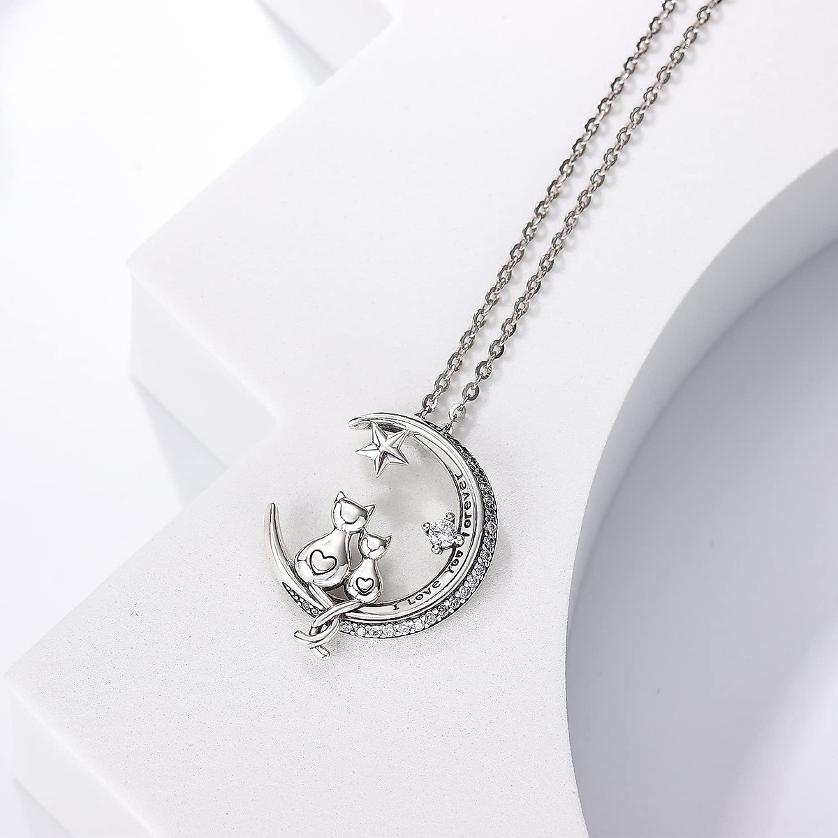 Odinstone Cat Necklace, S925 Sterling Silver Cat on Moon Pendant with Cubic Zirconia, Cat Jewelry Mothers Day Gifts for Mum with Gift Package - I Love You Forever