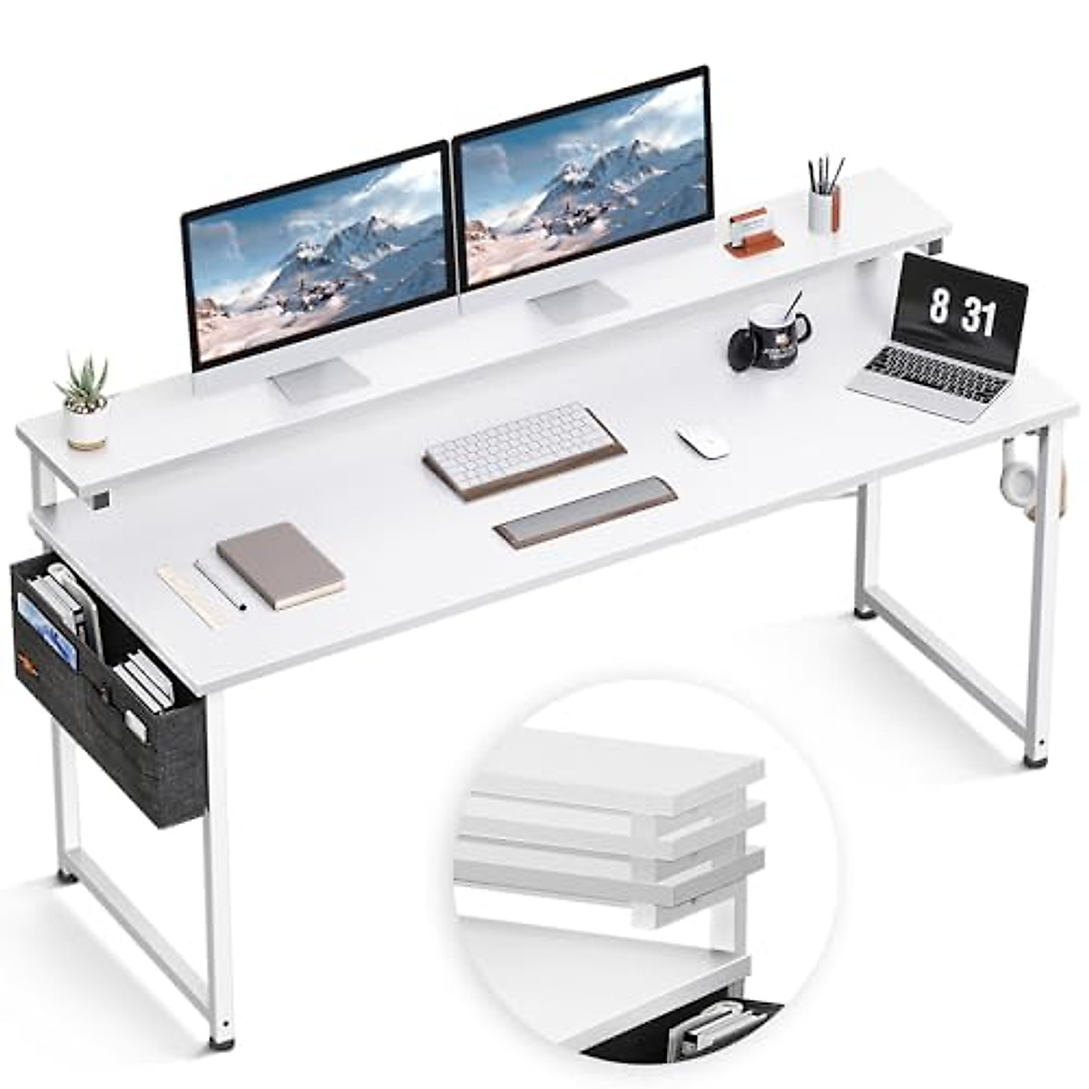 ODK Computer Desk with Adjustable Monitor Shelves, 63 inch Home Office Desk with Monitor Stand, Writing Desk, Study Workstation with 3 Heights (10cm, 13cm, 16cm), White + White Leg