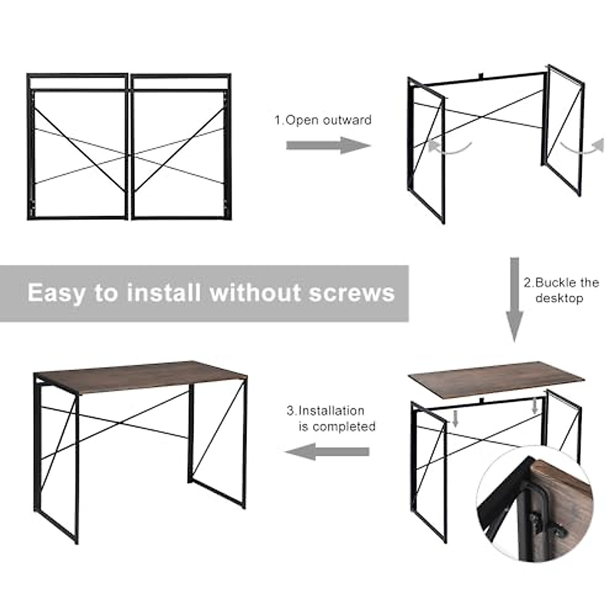 Folding Desk Simple Home Office Desk, Foldable Space Saving Computer Study Writing Table Workstation with Metal Frames/Wood Top Laptop, No Assembly Required, 39.4 Inch, Industrial Brown