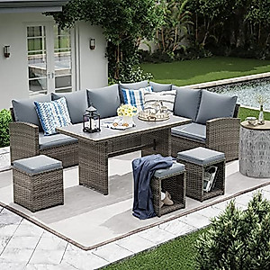JOIVI Patio Furniture Set, 7 Piece Patio Dining Sofa Set, Outdoor Sectional Sofa Conversation Set All Weather Wicker Rattan Couch Dining Table & Chair with Ottoman, Gray