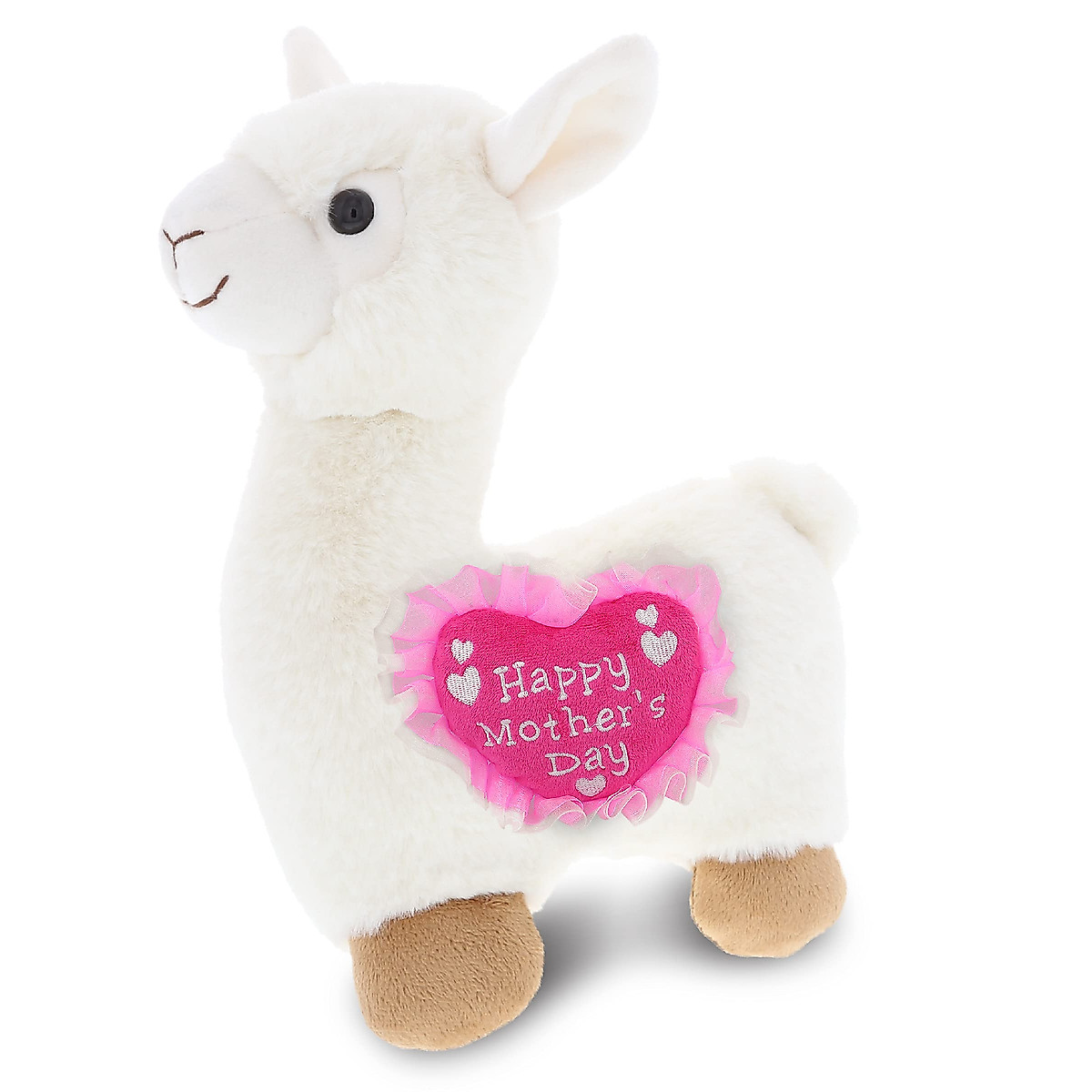 DolliBu Happy Mother's Day Super Soft Plush White Llama Figure - Cute Stuffed Animal with Pink Heart Message for Best Mommy, Grandma, Wife, Daughter - 9" Inches