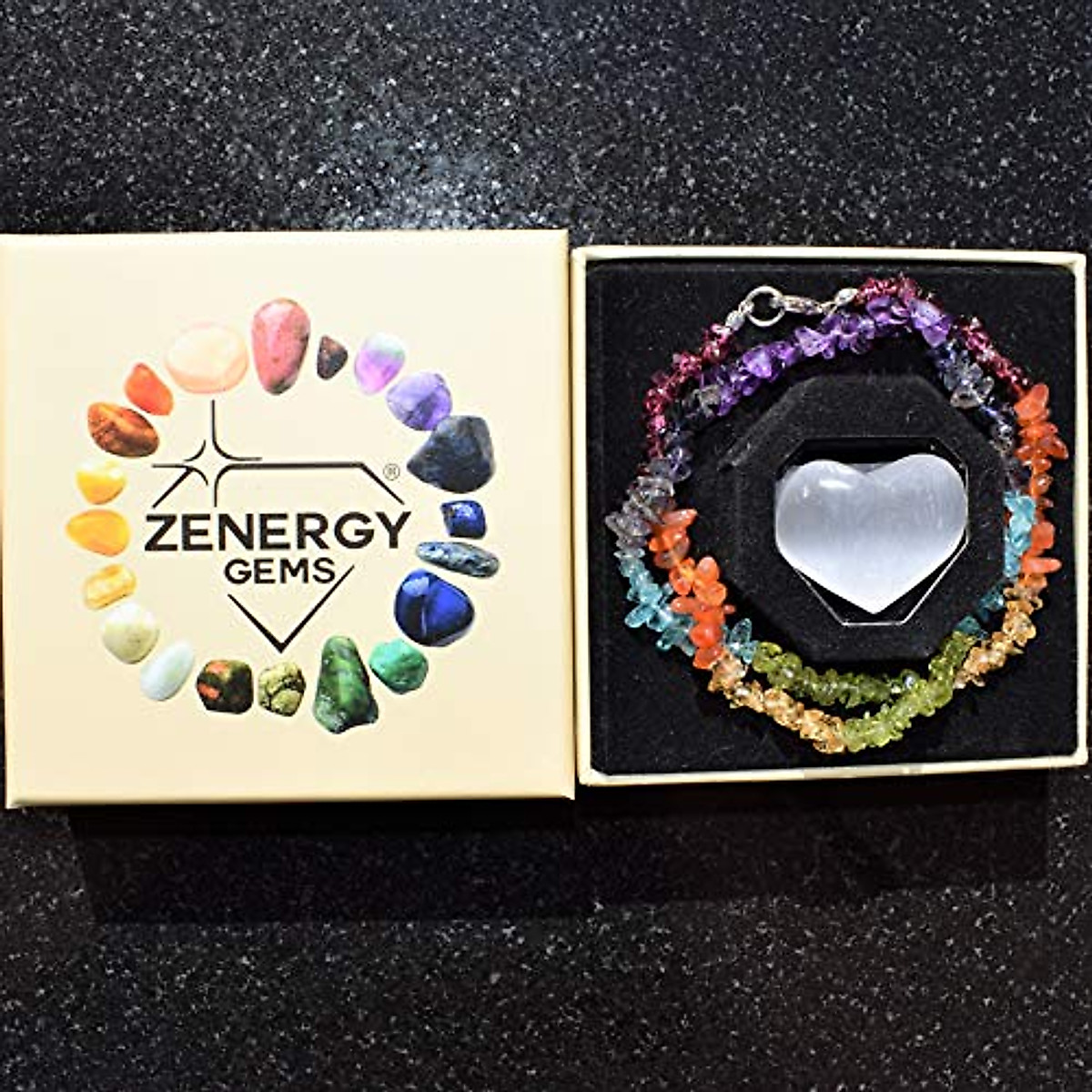 Zenergy Gems CHARGED 7 Chakra Necklace 18" Premium Tumble Polished Crystal Gemstone Chips Necklace (Amethyst, Iolite, Blue Apatite, Peridot, Citrine, Carnelian Agate, & Garnet) + Selenite Heart