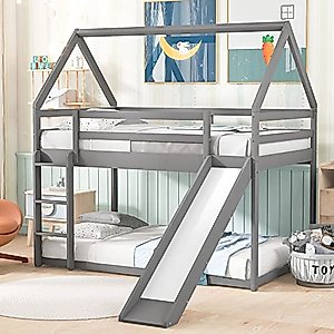 Twin Size Bunk House Bed with Convertible Slide and Ladder,Twin Over Twin Wooden Bed Frame with Guardrails for Kids Teens Girls Boys,Gray