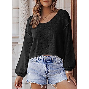 Dokotoo Women Fall Crochet Tops 2023 Spring Summer Trendy Outfits Clothes V Neck Cropped Sweaters Long Sleeve Lightweight Comfy Thin Knitted Casual Sweater Pullover Jumper Winter Clothes Black Medium
