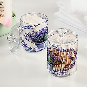 Kigai Purple Lavender Qtip Holder Dispenser with Lids 2 Pack ,Clear Plastic Apothecary Jar Containers for Vanity Makeup Organizer Storage - Bathroom Accessories Set for Cotton Swab, Ball, Pads, Floss