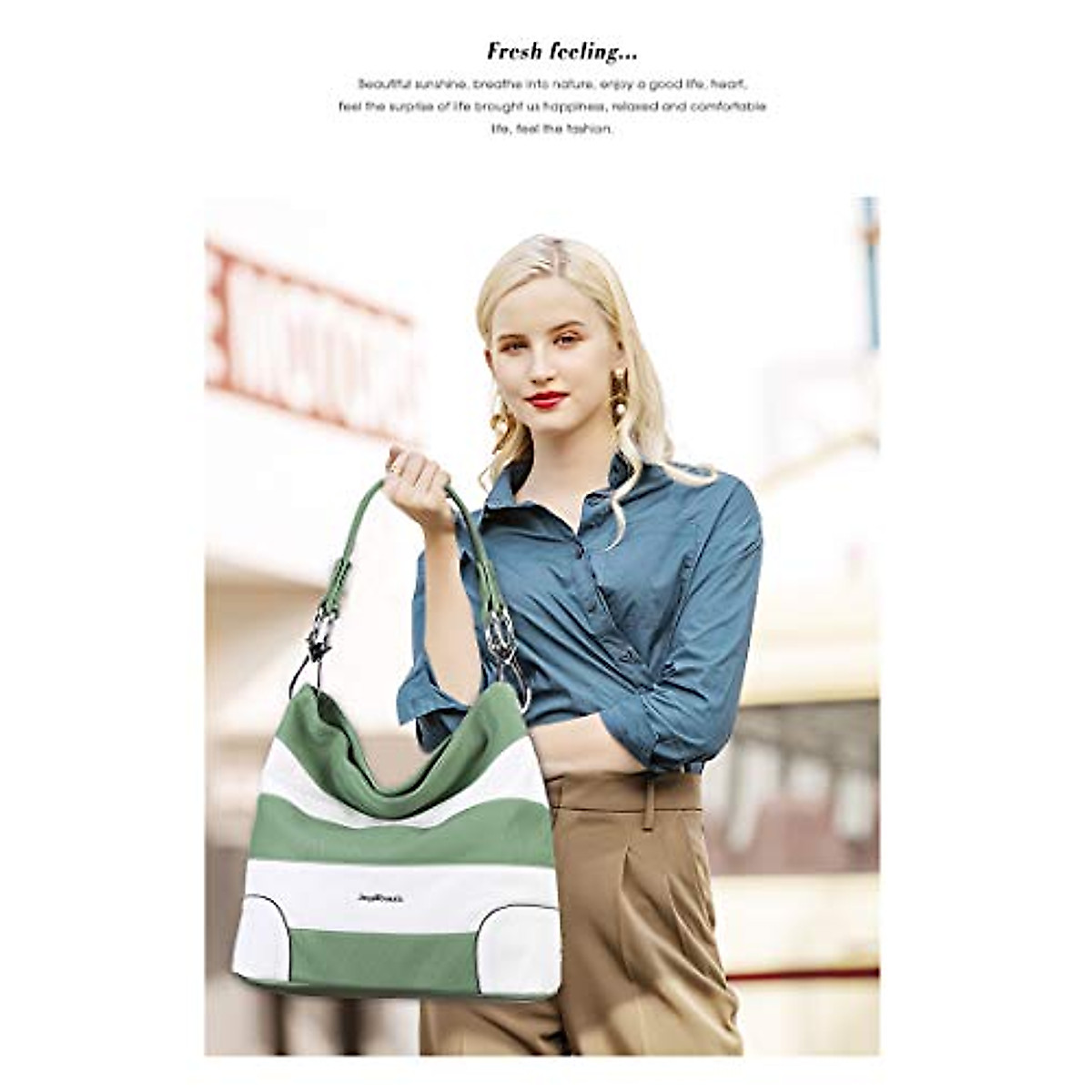 Women Handbag Purse Vegan Leather Hobo Shoulder Bag Soft Tote Bag For Women-Green/White