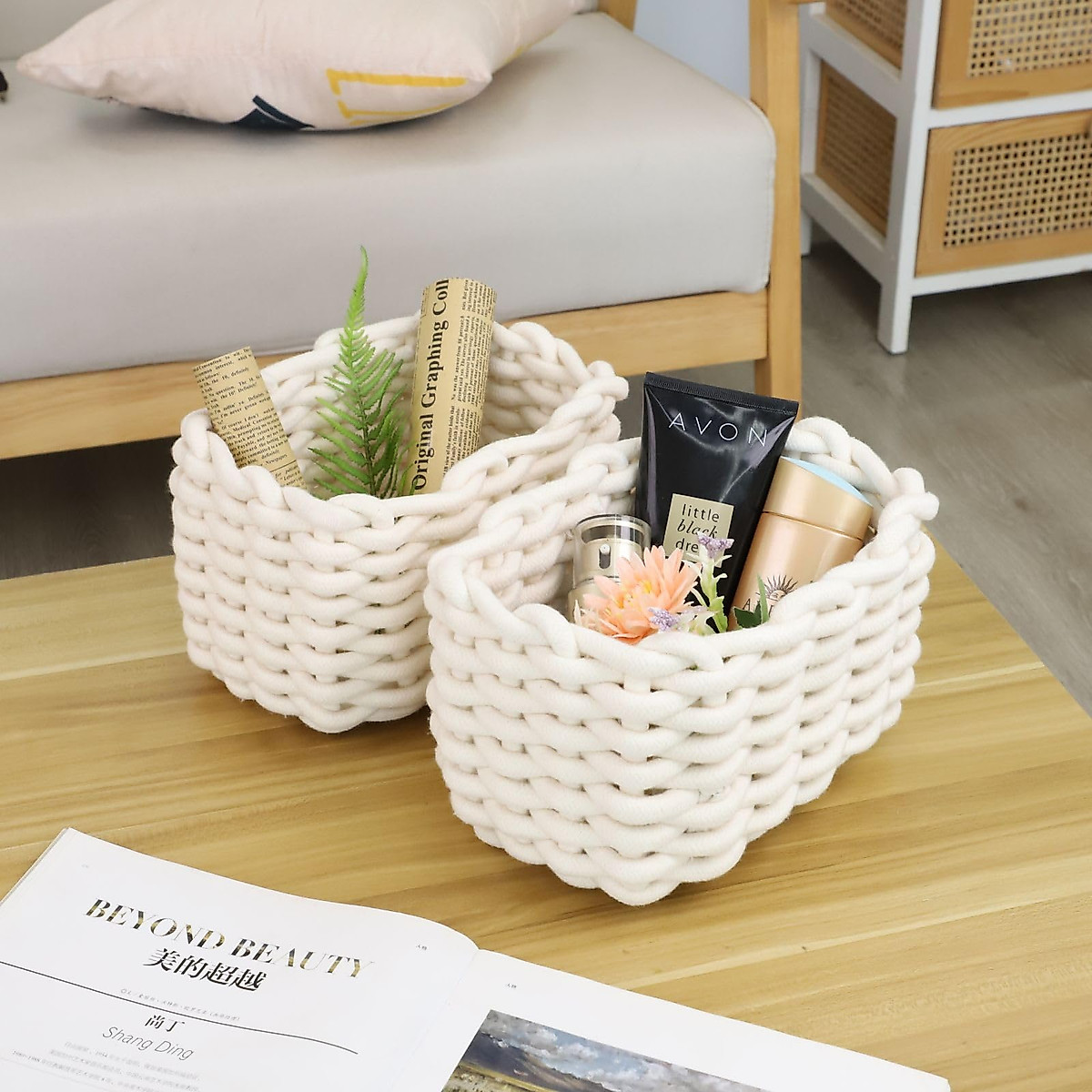 JJSQYLAN Cotton Rope Blanket Storage Basket for shelf,small decorative woven basket Organization and storage for Candy Food Nursery Baby Clothes Towels Diaper Caddy Books (Set of 3, White)