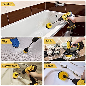 HIWARE Drill Brush Attachment Set, Yellow, Plastic Handle, 3 Sized Brush Heads for Cleaning Bathtub, Shower, Floor, Carpet, Kitchen, Bathroom, and More