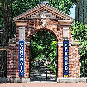 Whaline Graduation Porch Sign Congrats Grad Door Sign So Proud of You Banner Graduation Welcome Hanging Banner Graduation Party Backdrop for Grad Party Outdoor Yard Decorations (Blue)