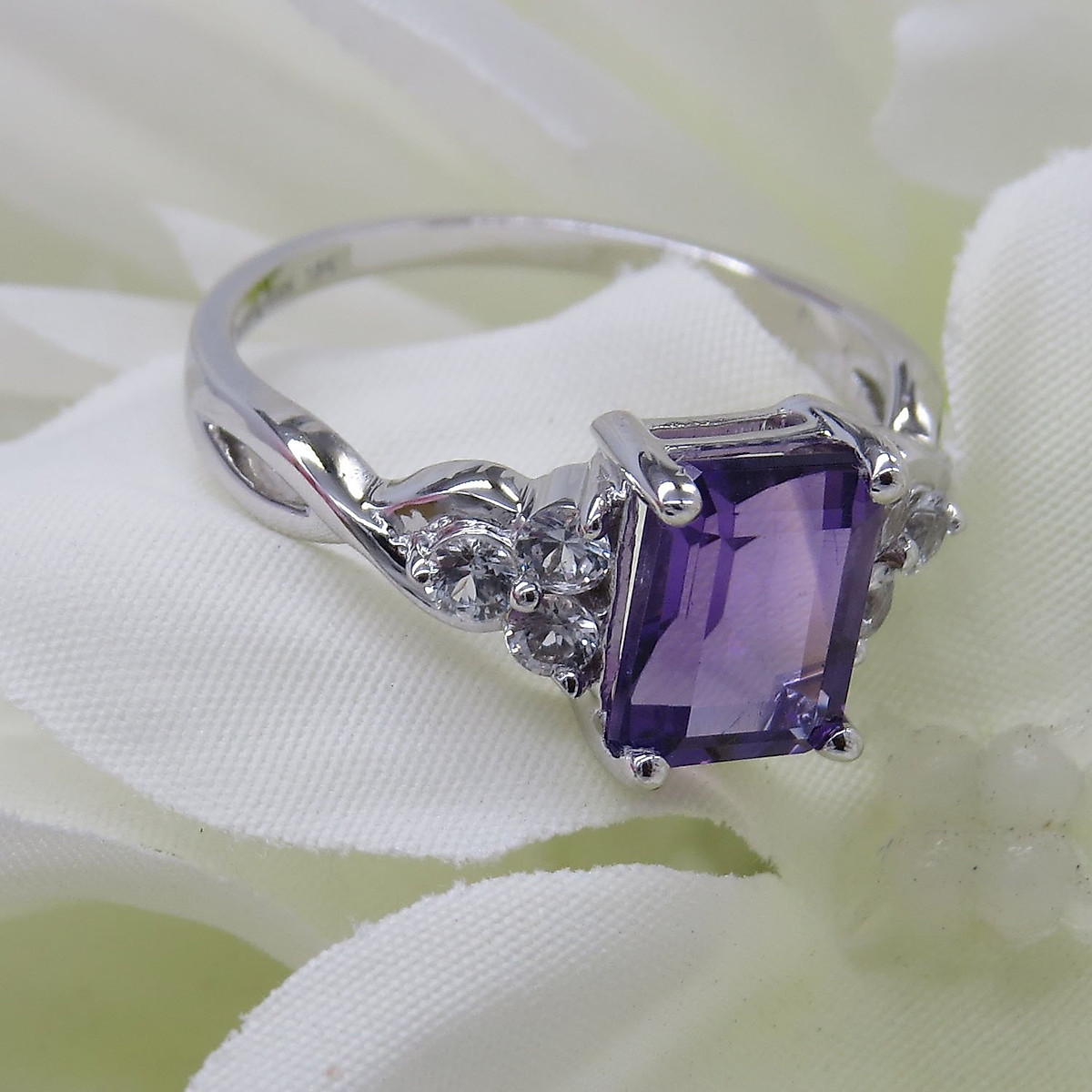 Dazzlingrock Collection 8X6 MM Emerald Cut Amethyst & Round White Sapphire Halo Engagement Ring for Her in 18K White Gold, Size 7.5