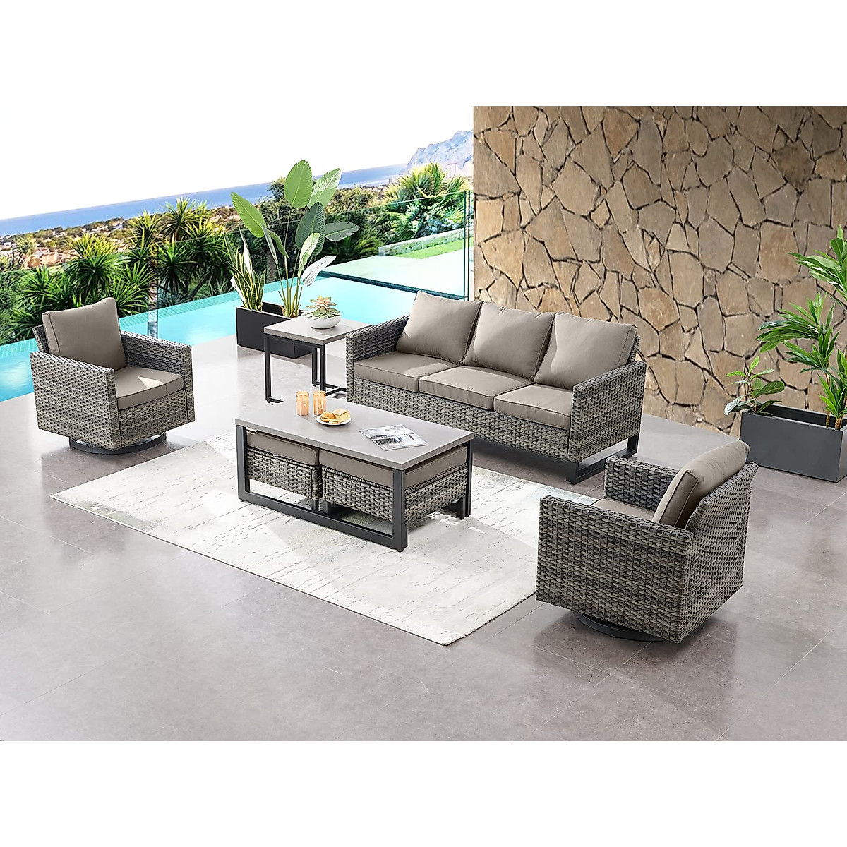 HUMMUH 7 Piece Patio Furniture Set Outdoor Sectional Sofa,High Back Patio Swivel Rocker Chairs with Ottomans Coffee Table for Porch,Garden,Backyard