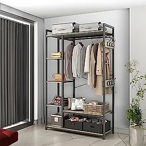 FreeStanding Clothing Rack Heavy Duty Closet Organizer with Shelves, 2 Fabric Drawers and 6 Hooks Clothes Wardrobe Closet Storage Rack,GREY