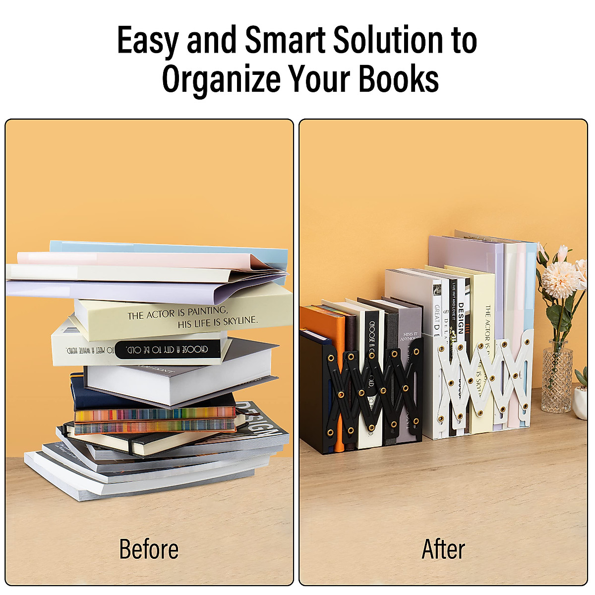 Expandable Bookend, Adjustable Metal Book End, Desk Magazine File Organizer Holder, Desk Organizer and Accessories for Office, Books, Papers, Extends up to 19 Inches (White)