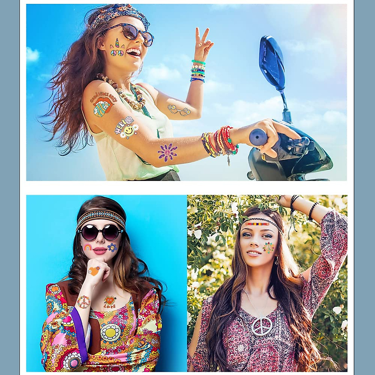 Hippie Tattoos for Kids Women Adult Groovy Hippie Temporary Tattoos Love and Peace Waterproof Face Body Fake Tattoos Stickers