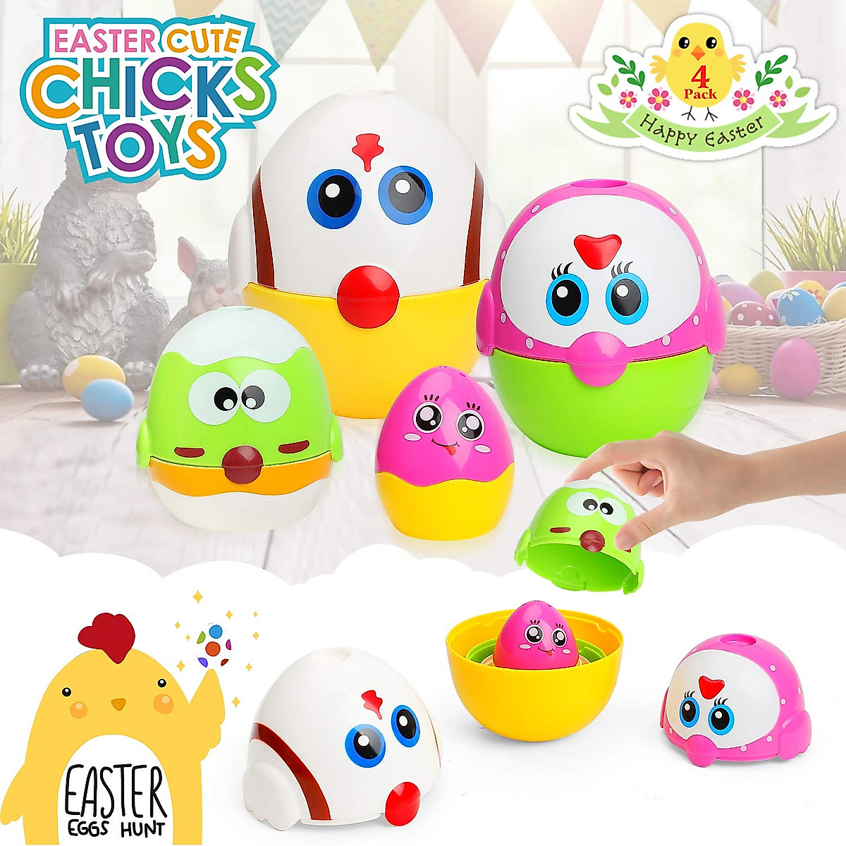 Easter Egg Toys for Toddler, 8 Pcs Nesting & Stacking Chicks Matching Toys for 18 months, 2, 3+ Yr Old, Plastic Eggs Fillable, Easter Basket Stuffers, Gift for Girl Boy Easter Party Favor, Easter Hunt
