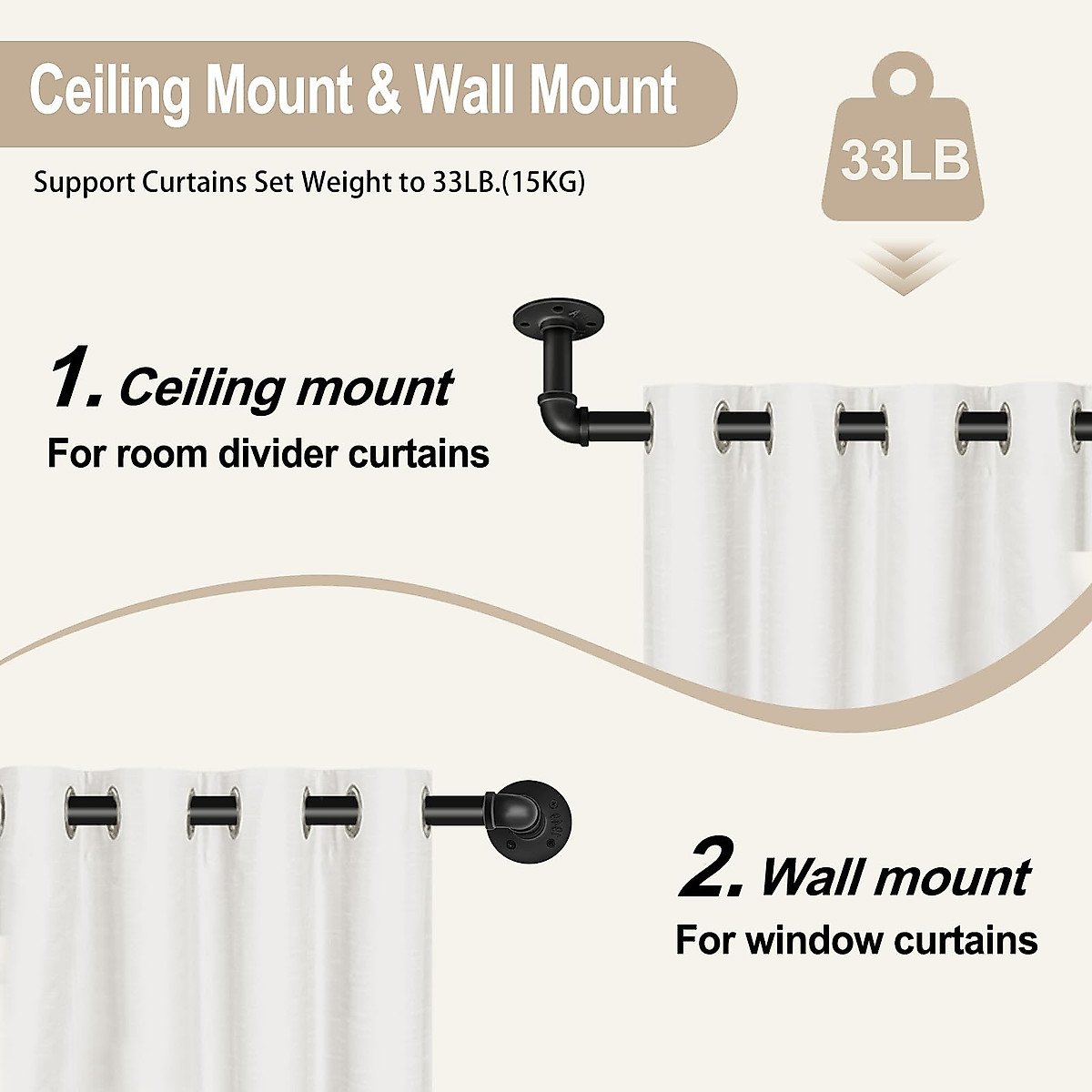 1 Inch Industrial Curtain Rod, Curtain Rods for Windows 66 to 120, Pipe Wrap Around Curtain Rod, Indoor/Outdoor Curtain Rod, Room Divider Curtain Rod, Blackout Curtain Rod 72-144 Inch: Black